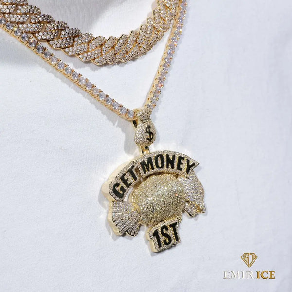Collier pendentif get money first en diamant plaqué or - Emir ICE