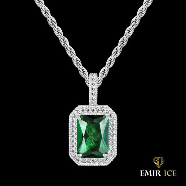 Collier pendentif émeraude diamant plaqué or blanc | Emir ICE